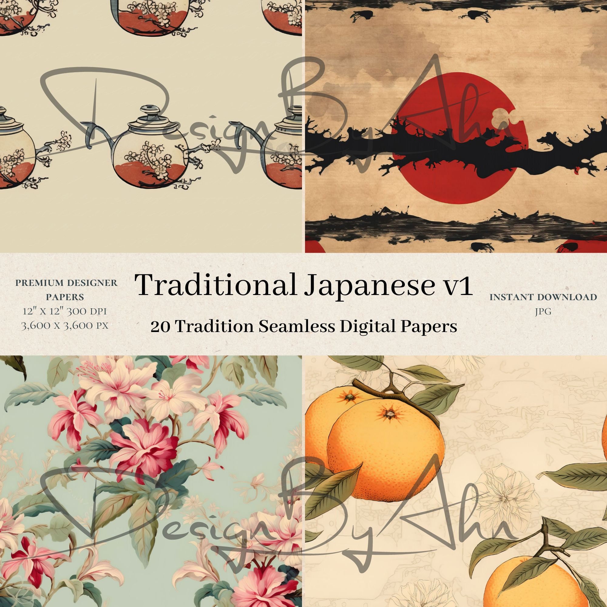 20 Traditional Japanese Digital Papers Grunge Scrapbook, Seamless ...