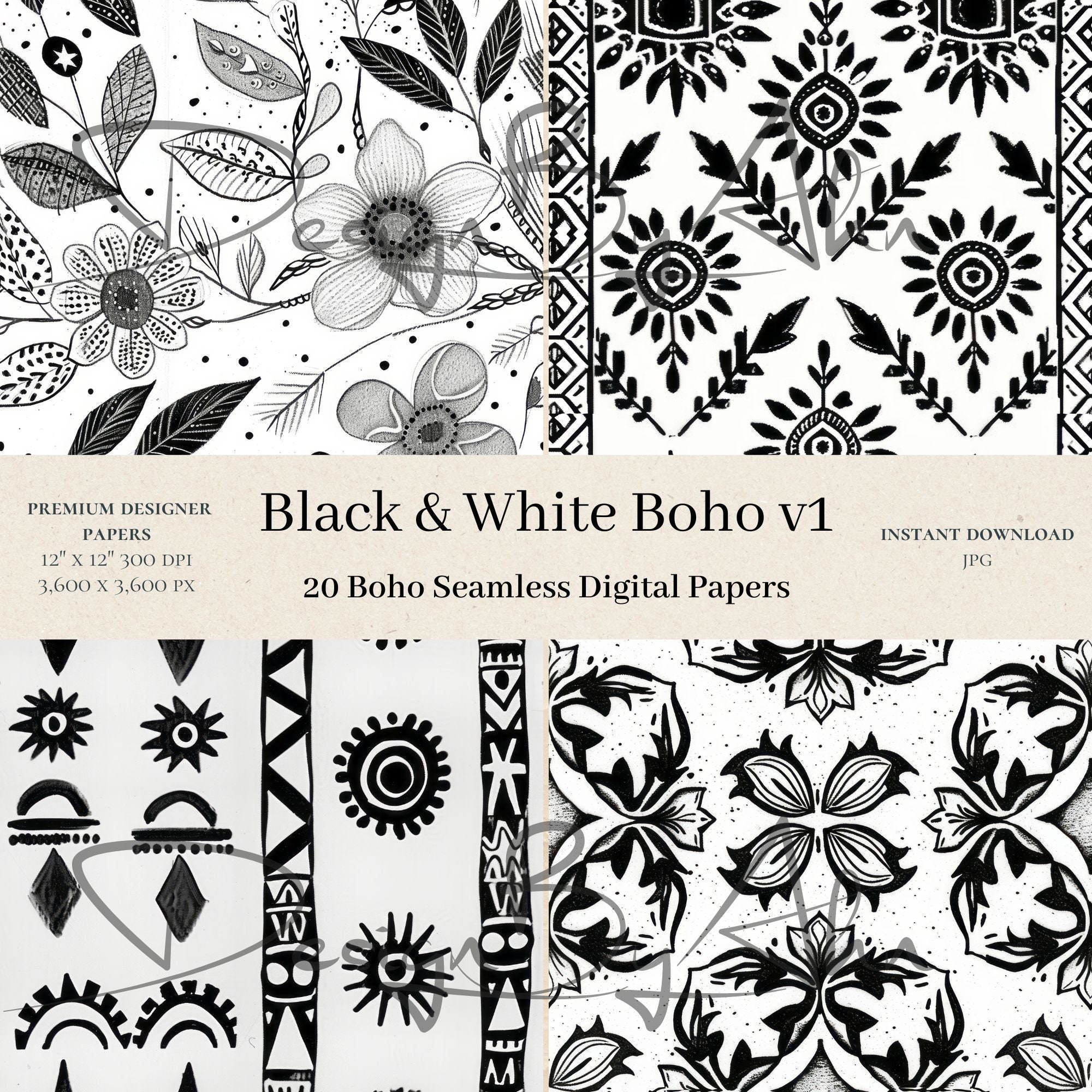 20 Black & White Boho Digital Papers - Commercial Use, Scrapbook Paper ...