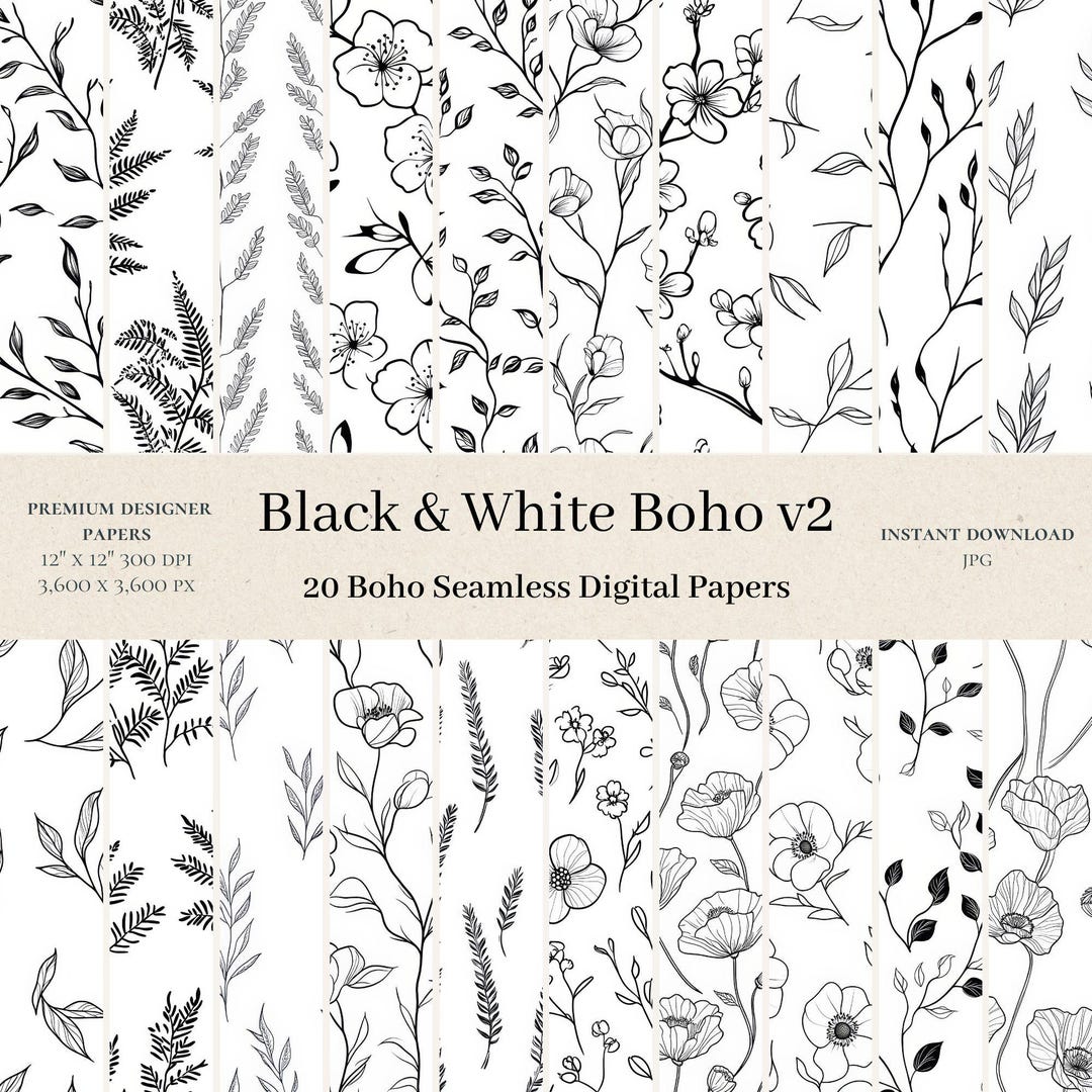 20 Black & White Boho Digital Papers - Floral Ink Background, Flower ...