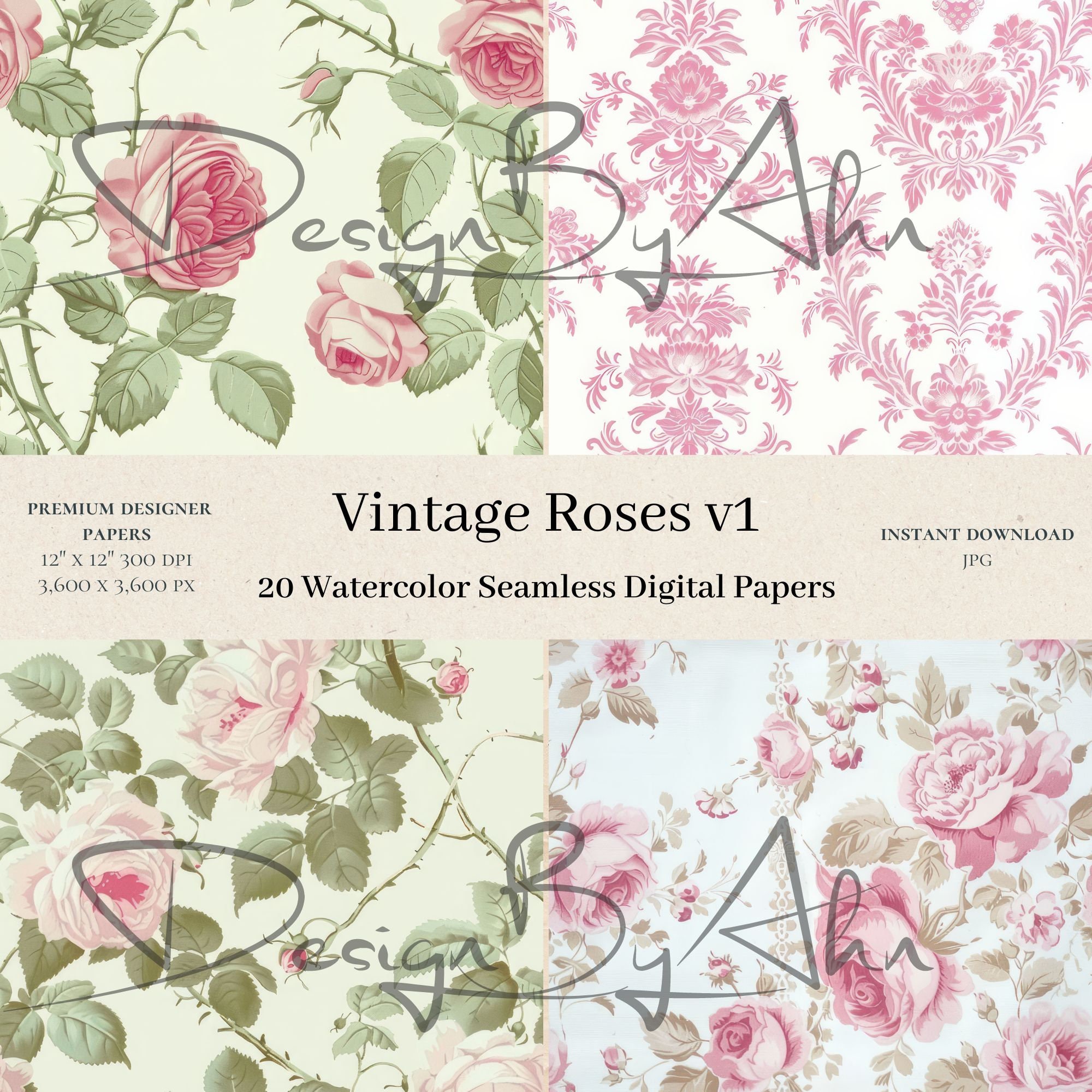 20 Vintage Roses Digital Papers Pink Roses Seamless Digital Paper ...
