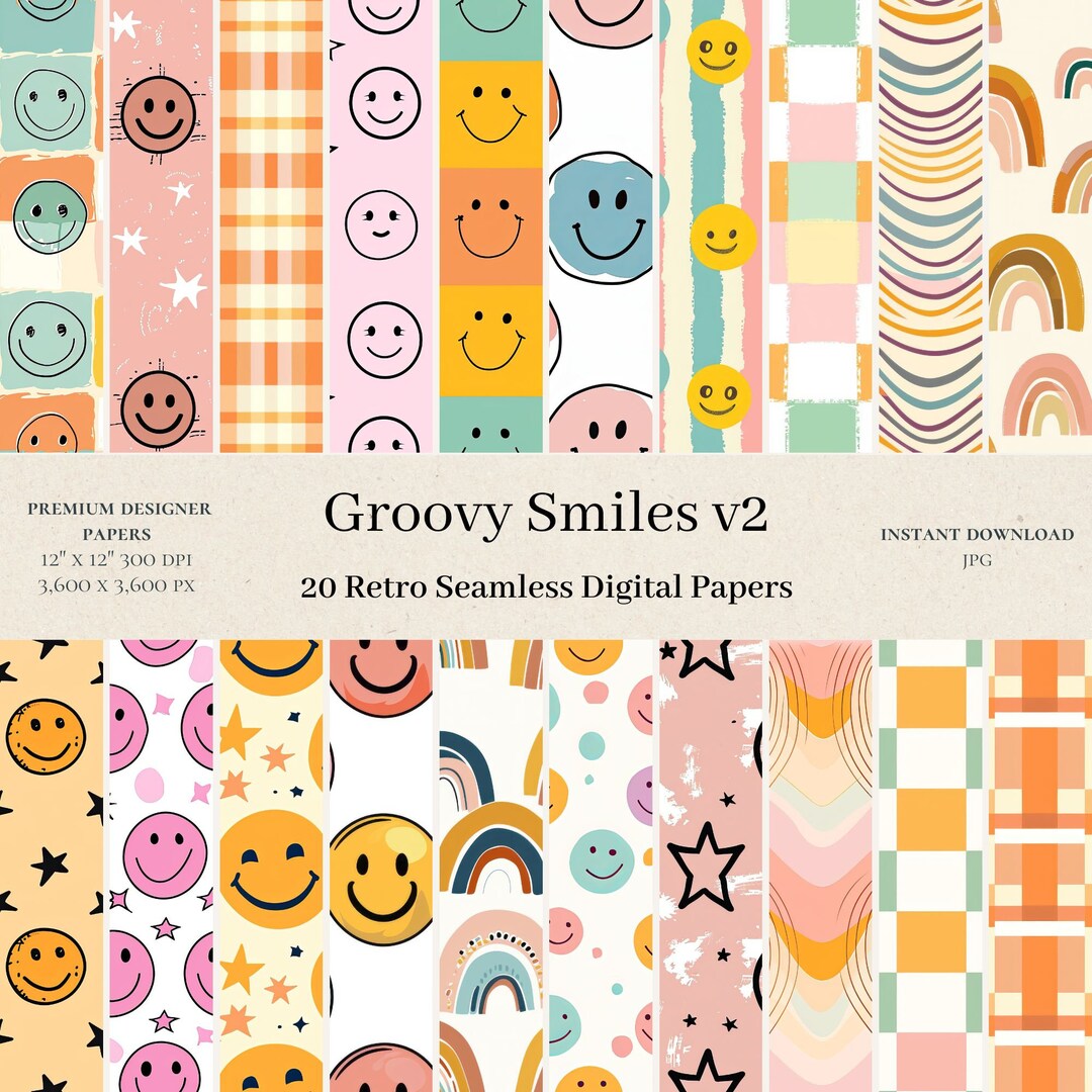 20 Groovy Smiles Digital Papers - Seamless Patterns, Commercial Use ...