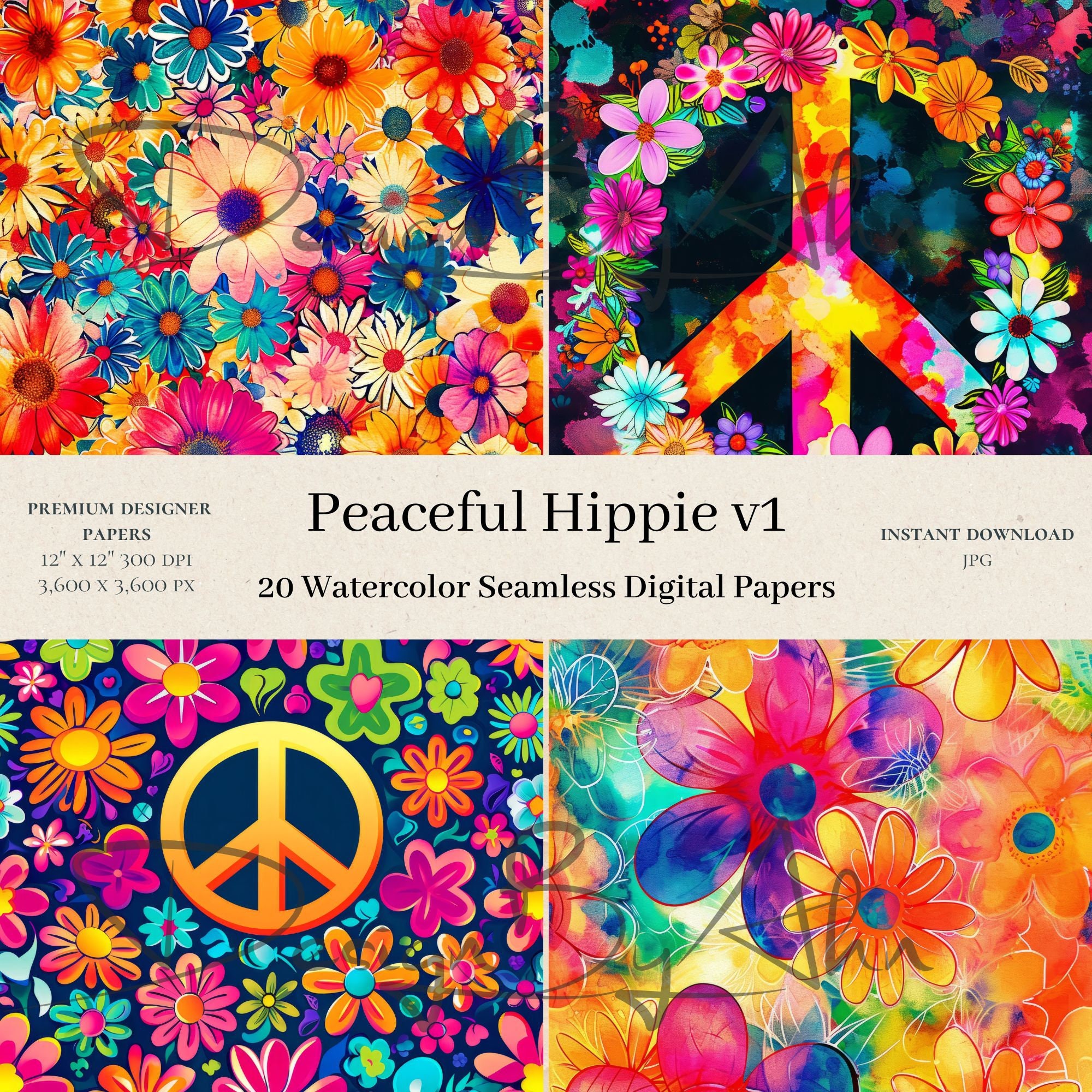 20 Peaceful Hippie Digital Papers - Watercolor Scrapbook, Flowers ...