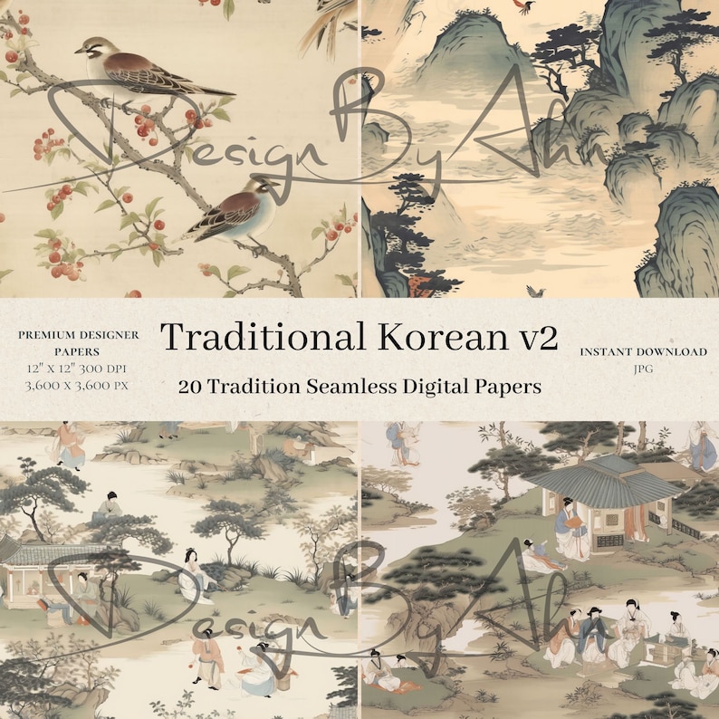 20 Traditional Korean Digital Papers Hand-drawn Scrapbook, Seamless ...