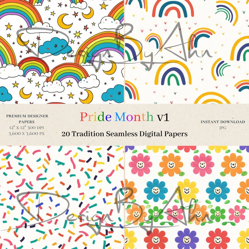 20 Pride Month Digital Papers - LGBTQ+ Seamless Digital Paper, Rainbow Repeat Pattern, Scrapbook ...