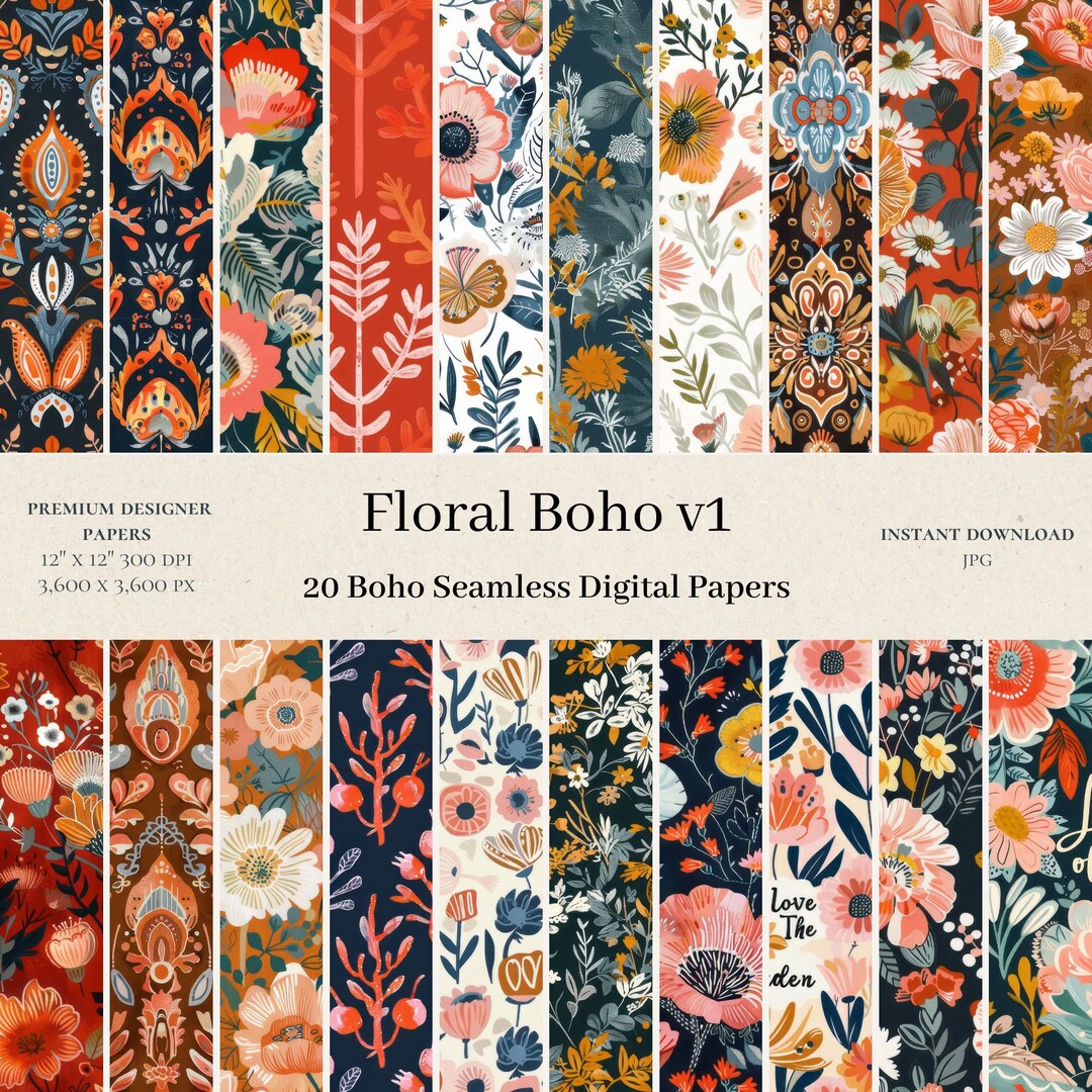 20 Floral Boho Digital Papers - Boho Scrapbook, Floral Digital Paper ...