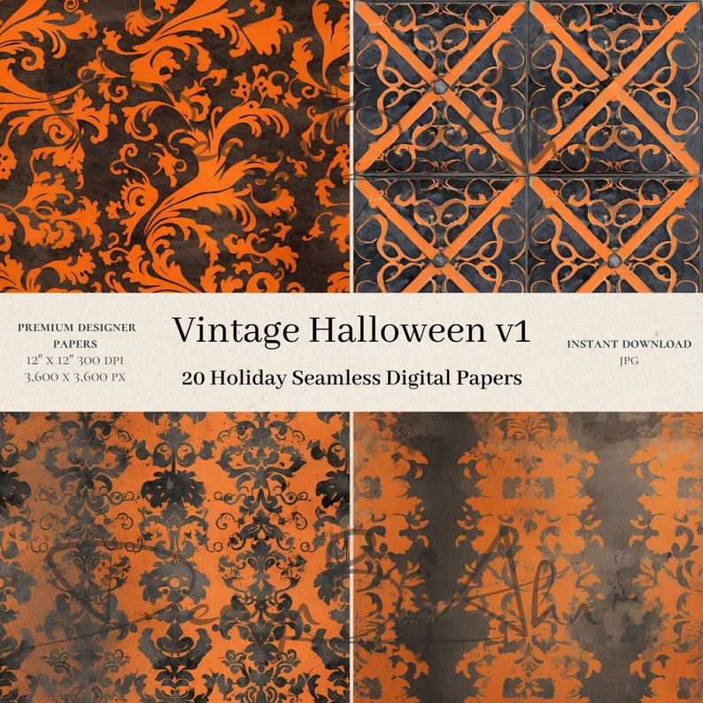 20 Vintage Halloween Digital Papers - Gothic Seamless Pattern, Black ...
