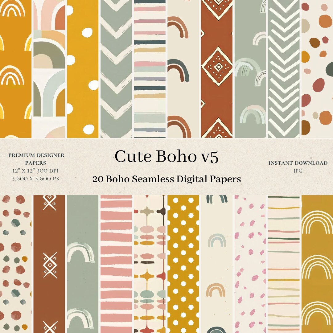 20 Cute Boho Digital Papers - Commercial Use, Scrapbook Paper ...