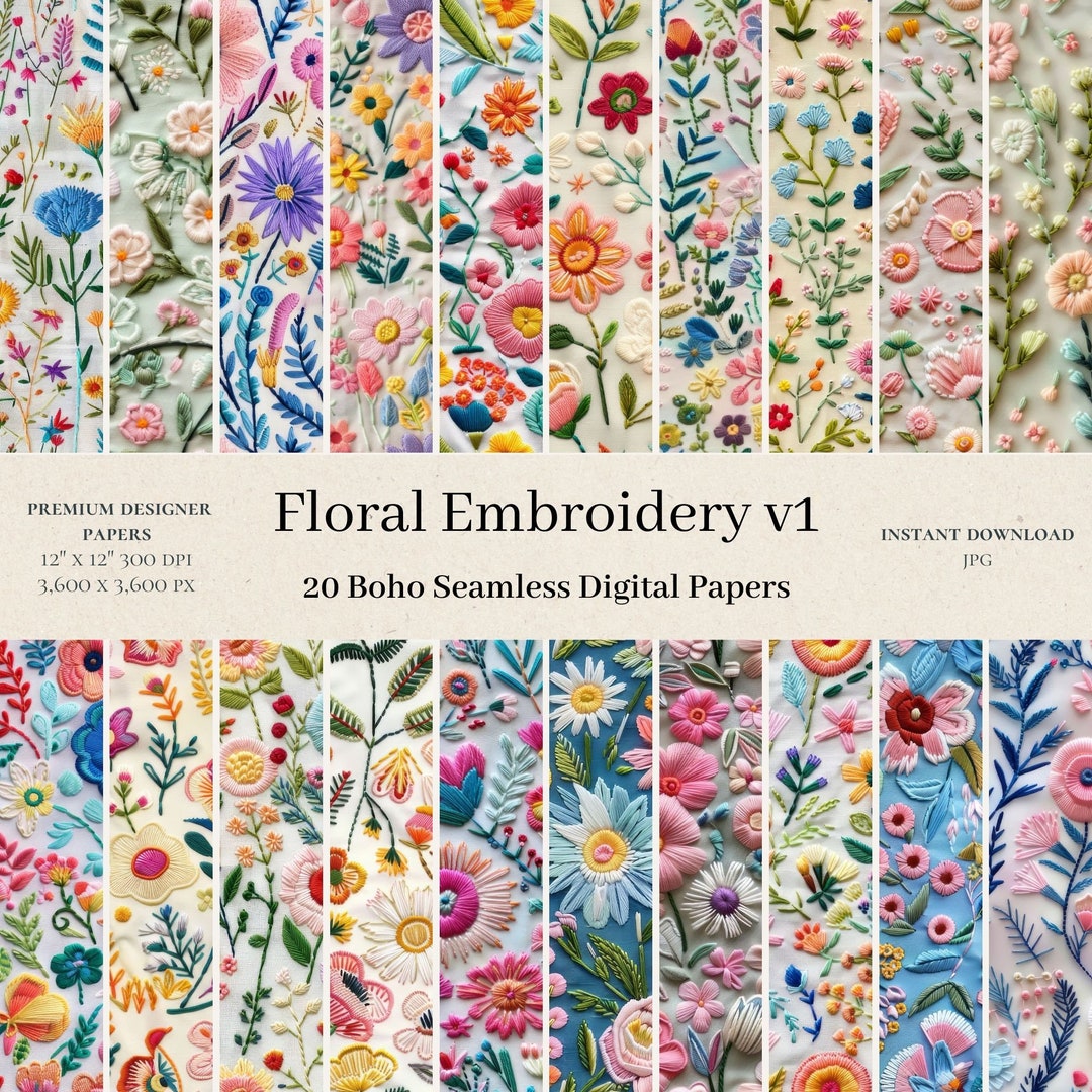 20 Floral Embroidery Digital Papers - Colorful Fabric Seamless Digital ...