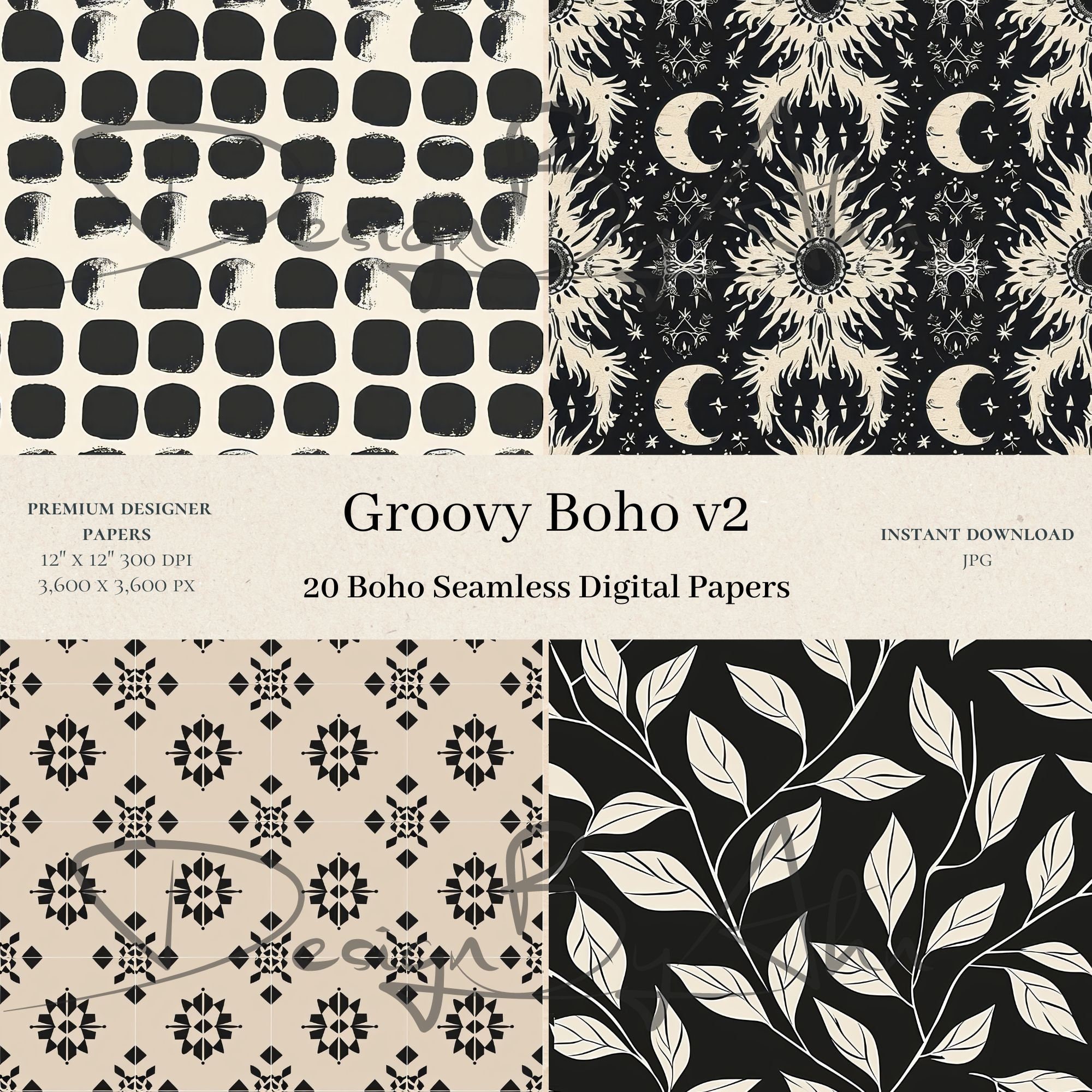 20 Groovy Boho Digital Papers Commercial Use, Seamless Pattern, Black ...