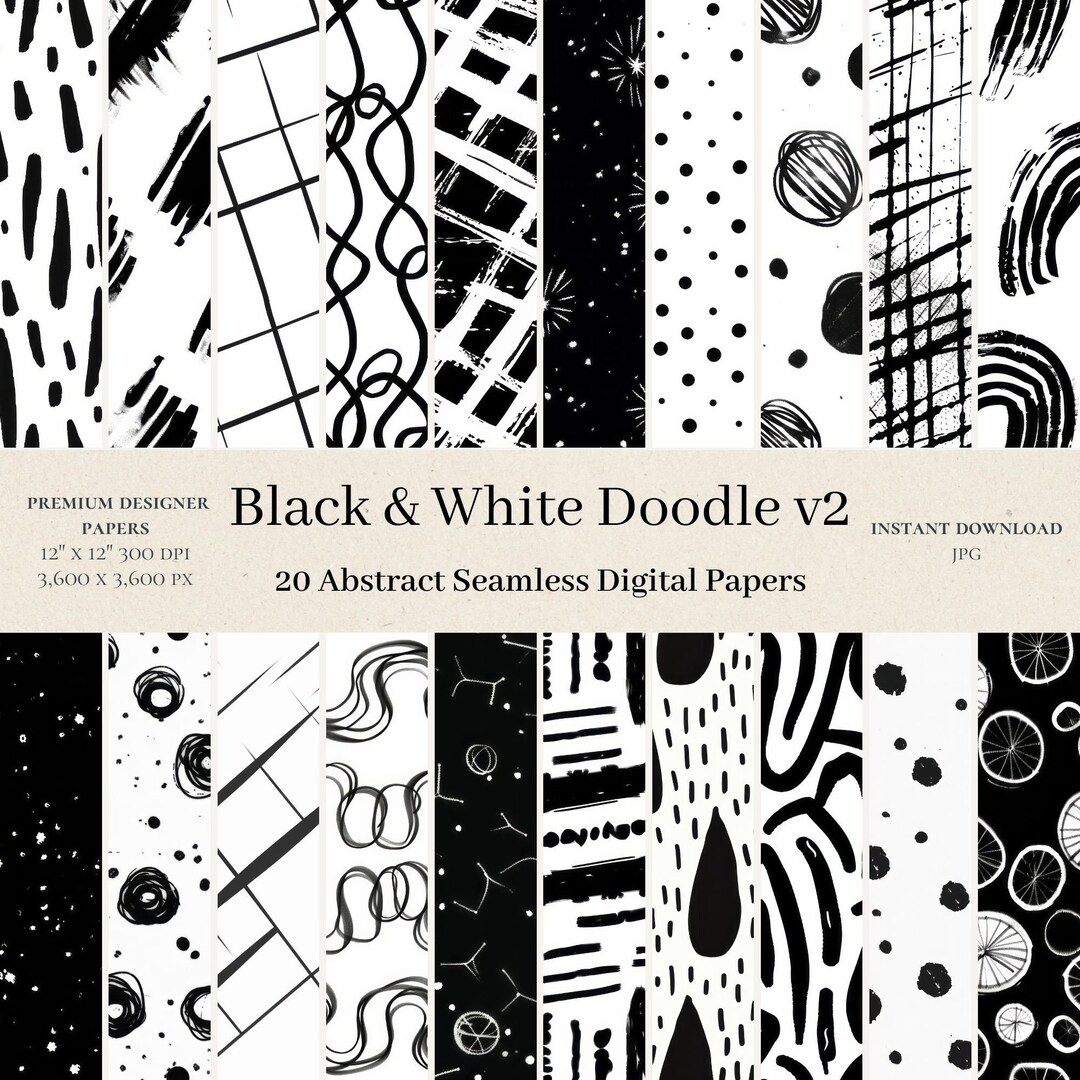 20 Black & White Doodle Digital Papers - Doodle Scrapbook, Hand Drawn ...