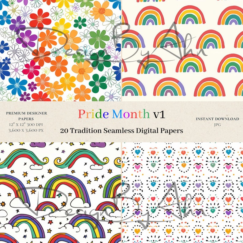 20 Pride Month Digital Papers - LGBTQ+ Seamless Digital Paper, Rainbow Repeat Pattern, Scrapbook ...