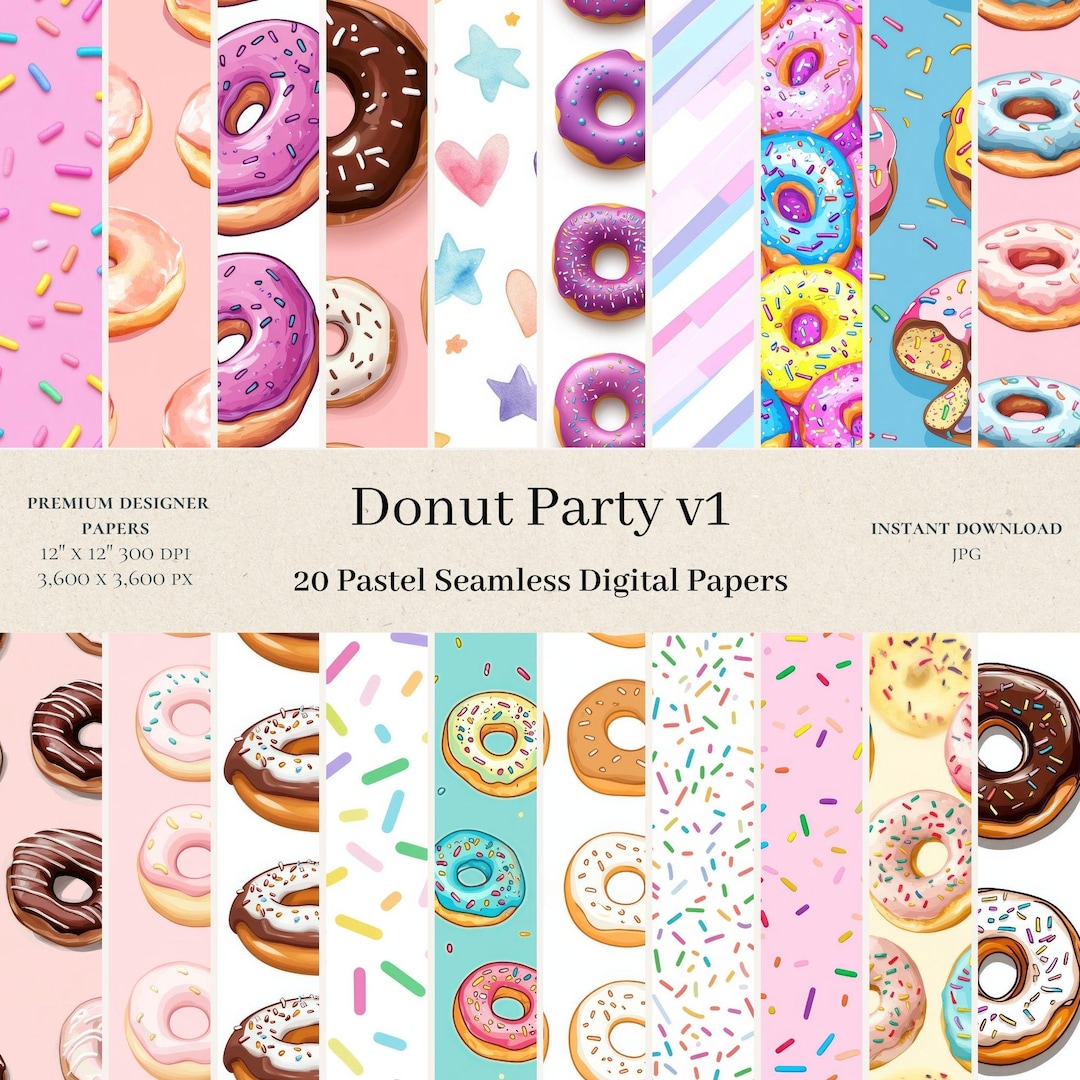 20 Donut Party Digital Papers - Pink Doughnuts Seamless Pattern, Sweet ...