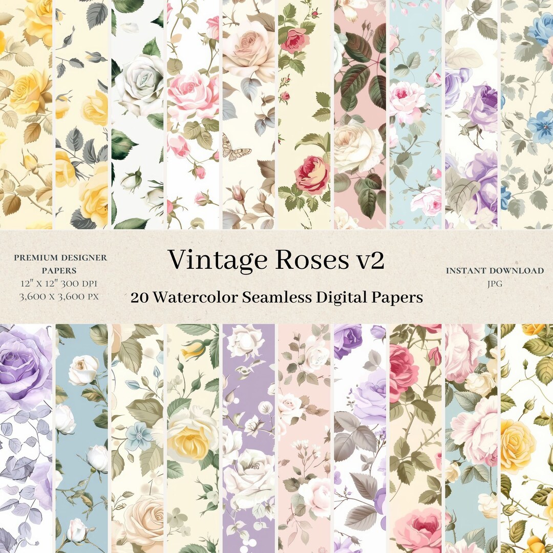20 Vintage Roses Digital Papers - Flower Scrapbook, Seamless Digital ...