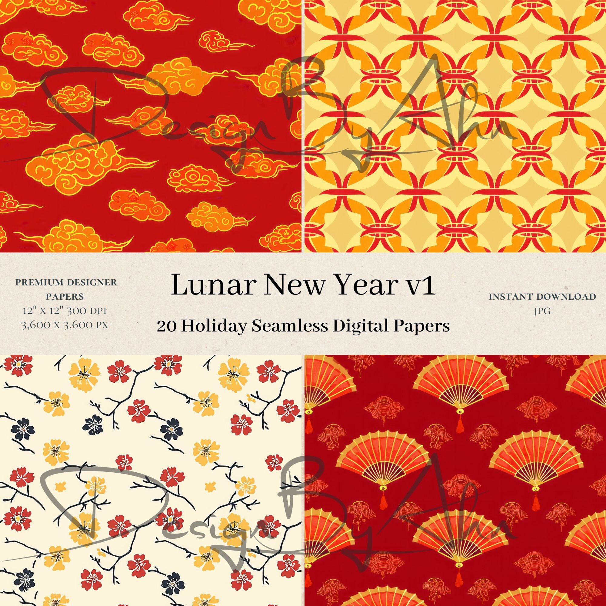 20 Lunar New Year Digital Papers Chinese Seamless Pattern, Asian Prints ...