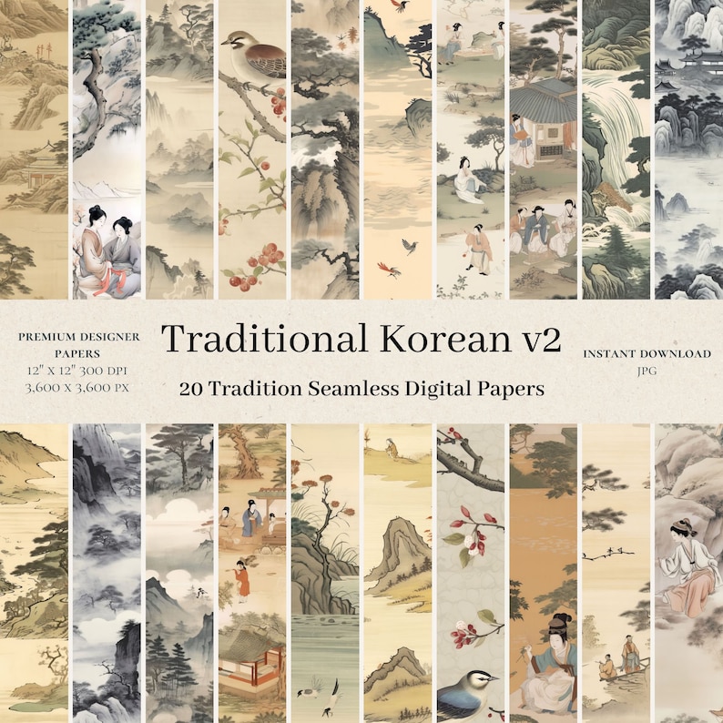20 Traditional Korean Digital Papers - Hand-drawn Scrapbook, Seamless ...