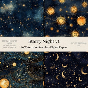 20 Starry Night Digital Papers - Gold & Navy Watercolor Scrapbook ...