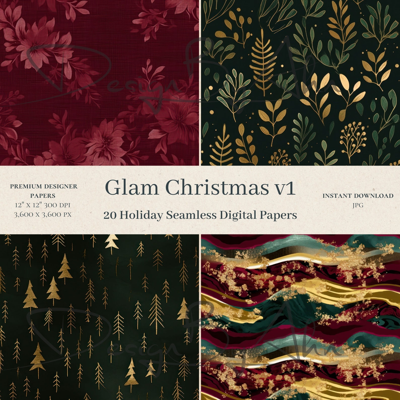 20 Glam Christmas Digital Papers - Holiday Seamless Pattern, Junk ...