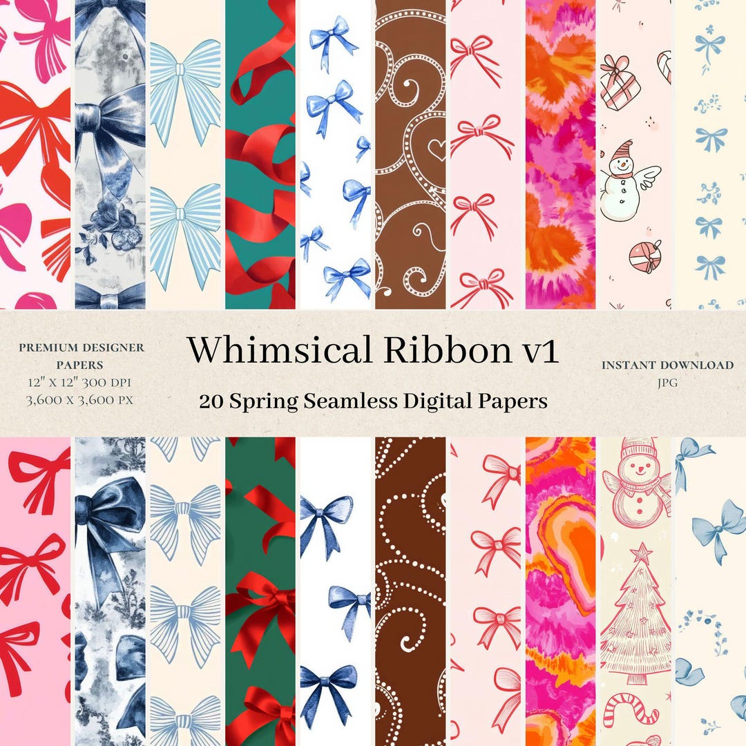 20 Whimsical Ribbon Digital Papers - Coquette Seamless Digital Paper ...