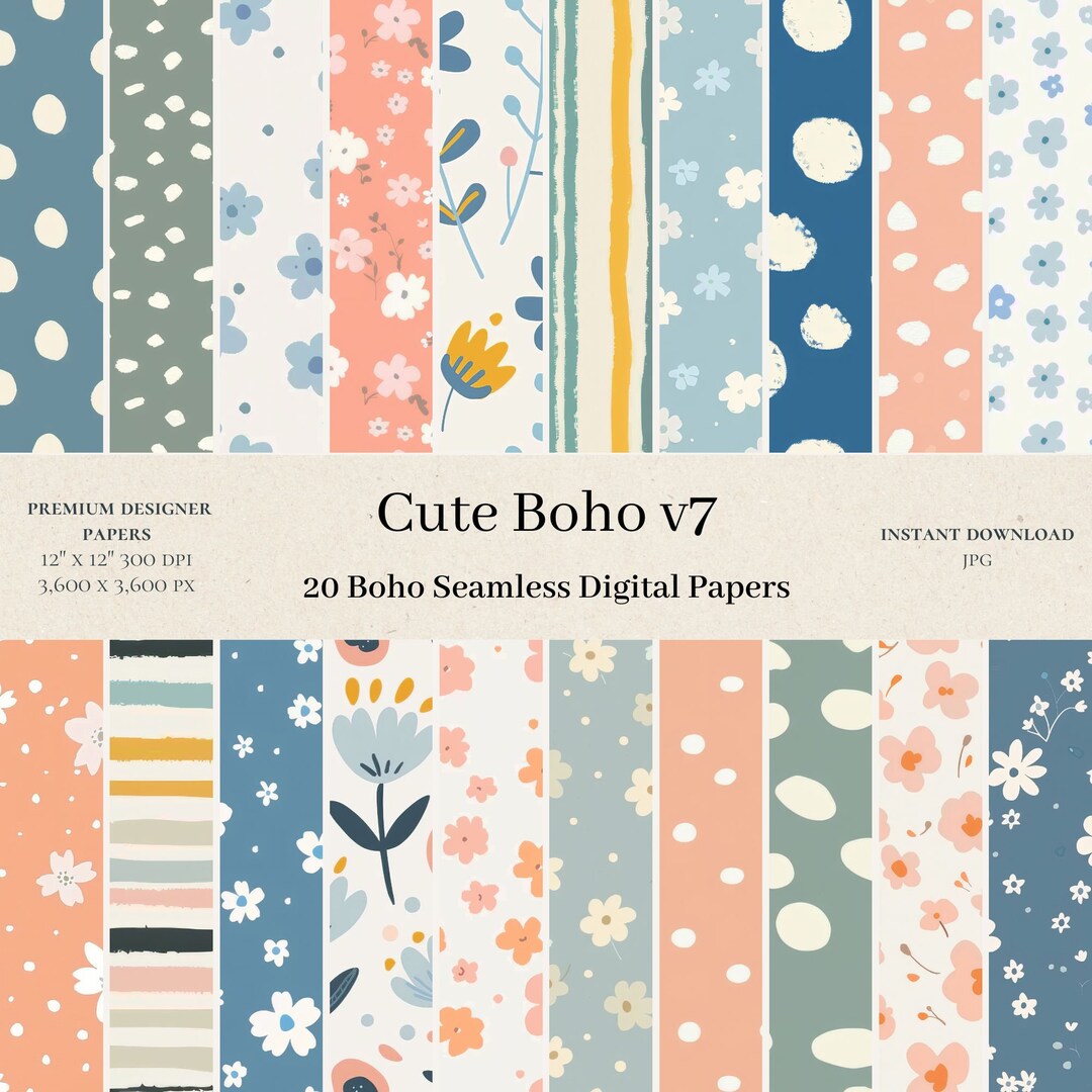 20 Cute Boho Digital Papers - Commercial Use, Scrapbook Paper, Spring ...