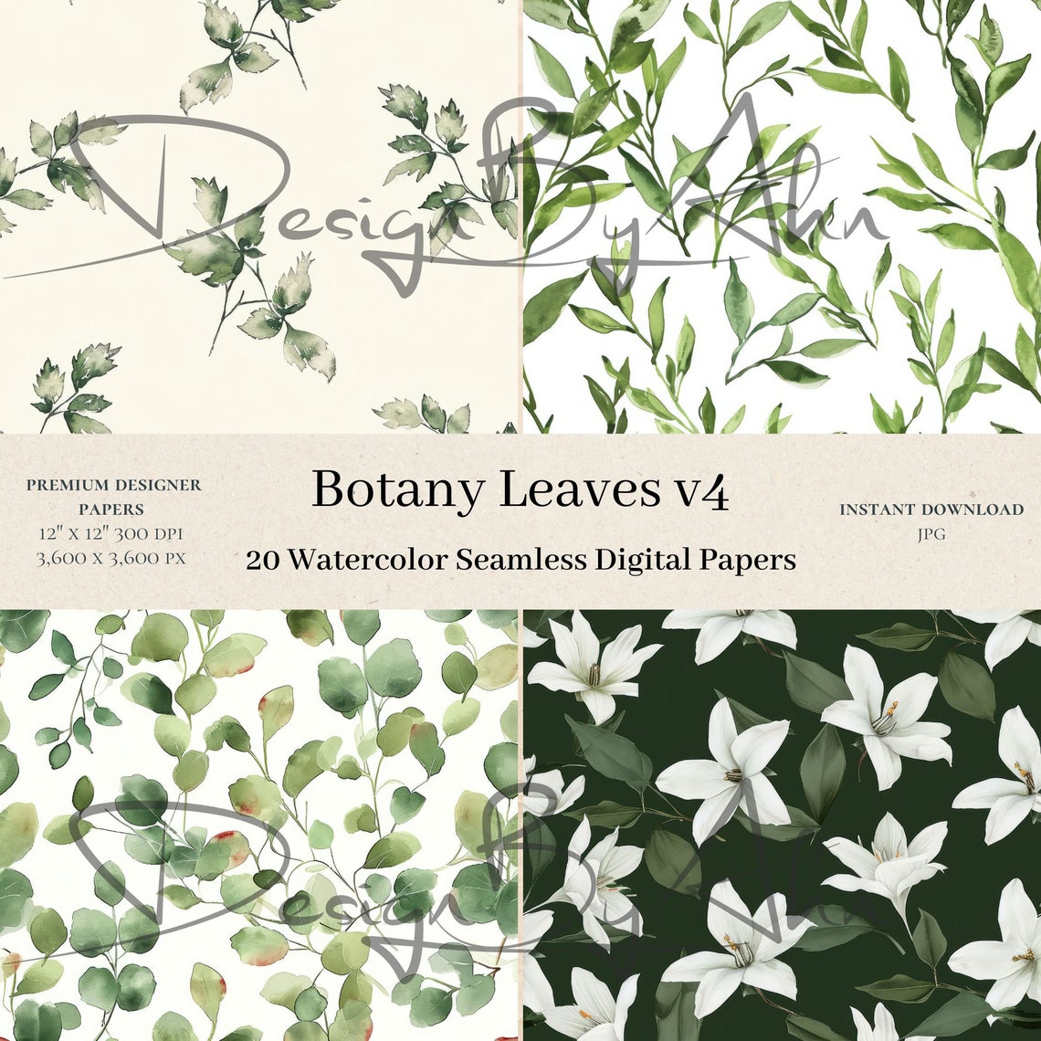 20 Botany Leaves Digital Papers - Watercolor Scrapbook, Greenery ...