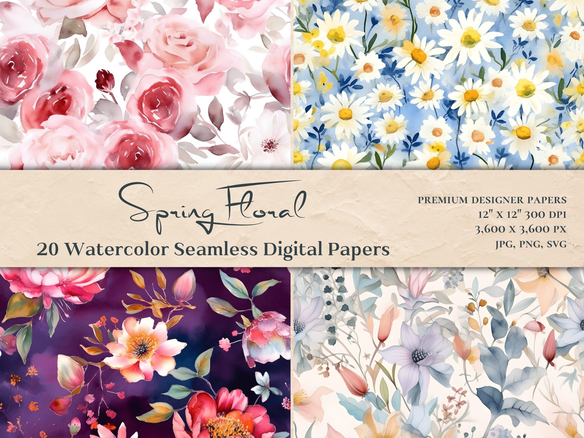 20 Spring Floral Digital Papers Watercolor Scrapbook - Etsy