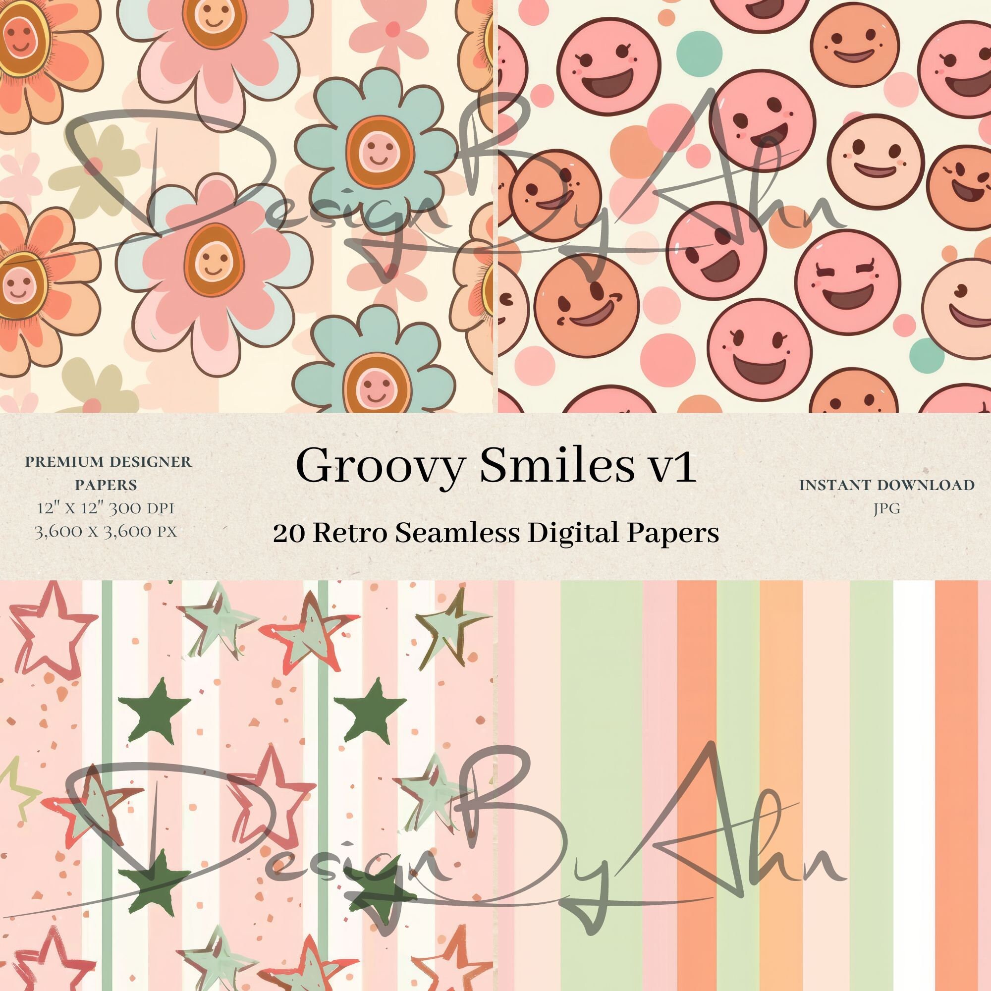 20 Groovy Smiles Digital Papers Seamless Patterns, Commercial Use ...