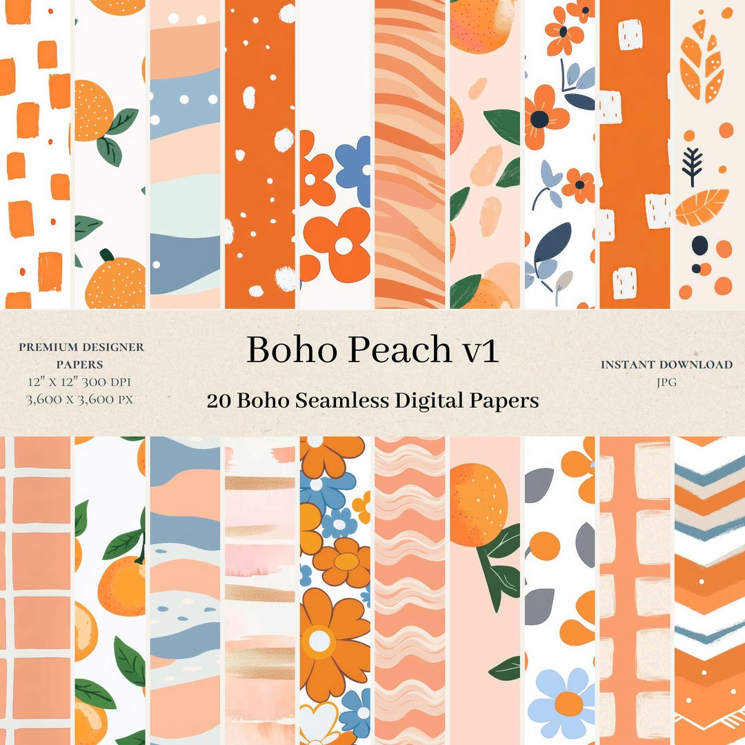 20 Boho Peach Digital Papers - Orange Seamless Pattern Background, 20 Jpgs, 300dpi, 12x12 Inches ...