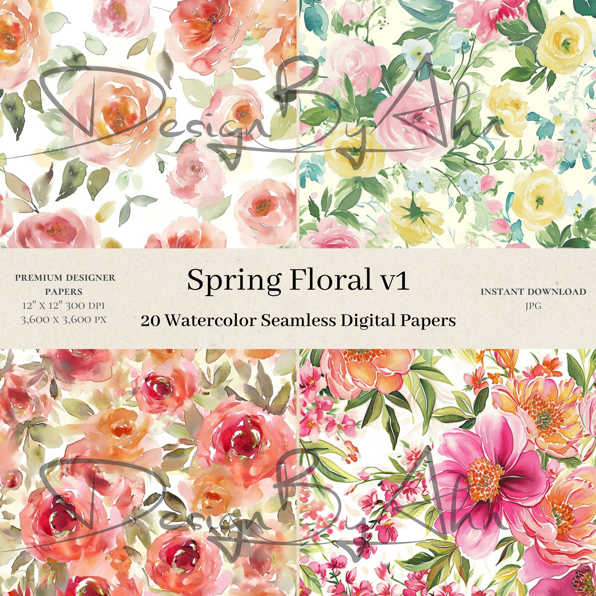 20 Spring Floral Digital Papers Watercolor Scrapbook, Seamless Digital ...