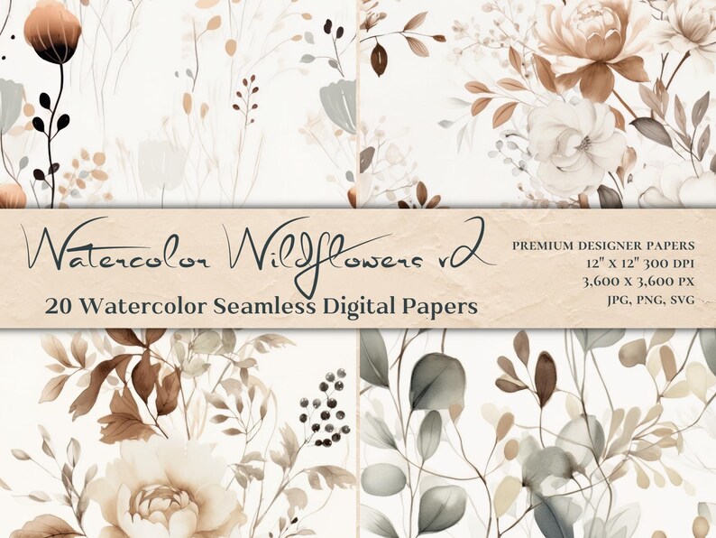 20 Watercolor Wildflowers Digital Papers Watercolor - Etsy