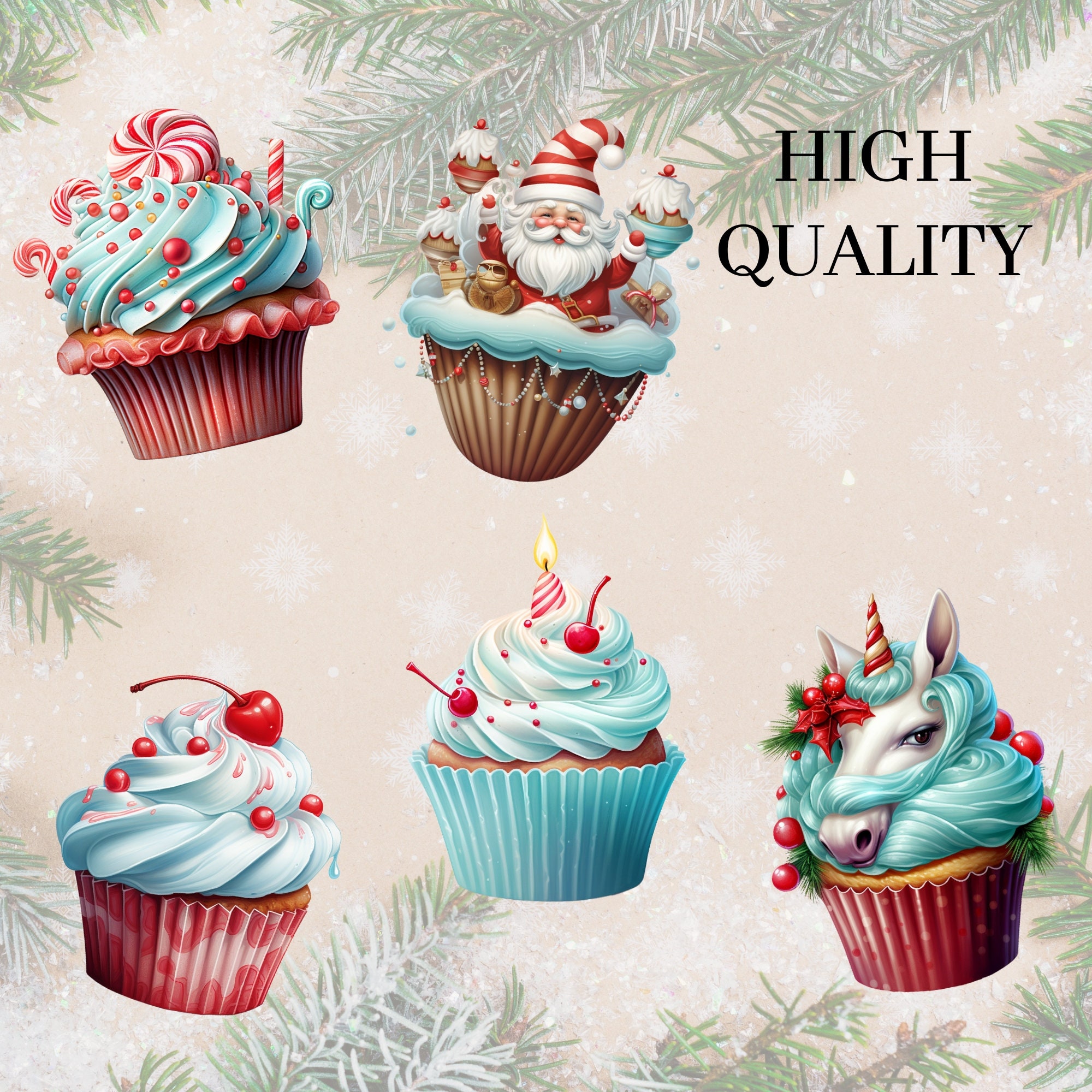 20 Christmas Cupcakes Clipart Set - Transparent Background, Digital PNG ...