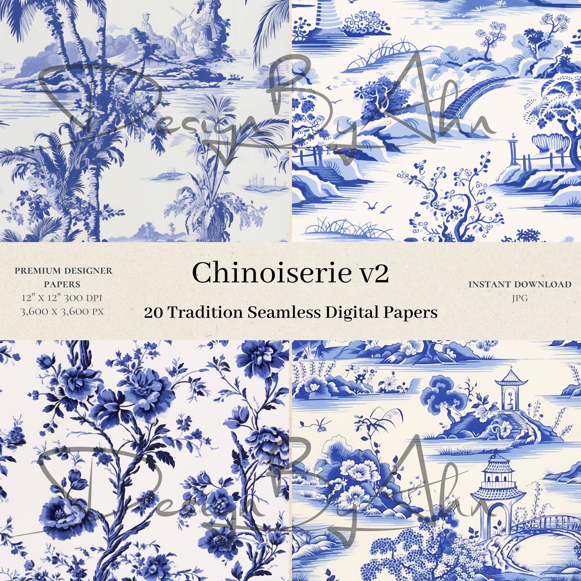 20 Chinoiserie Digital Papers Flower Scrapbook, Seamless Digital Paper ...