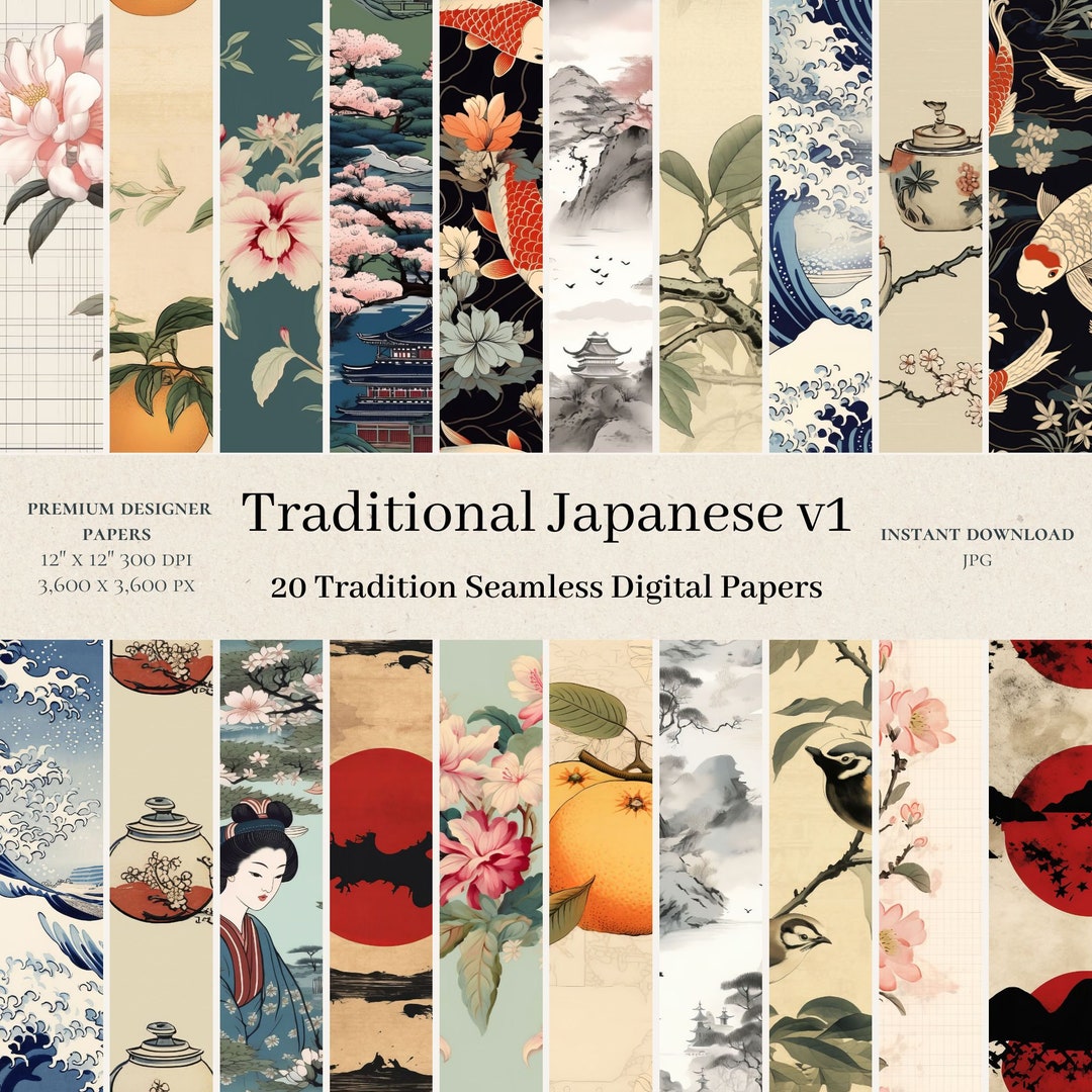 20 Traditional Japanese Digital Papers - Grunge Scrapbook, Seamless ...