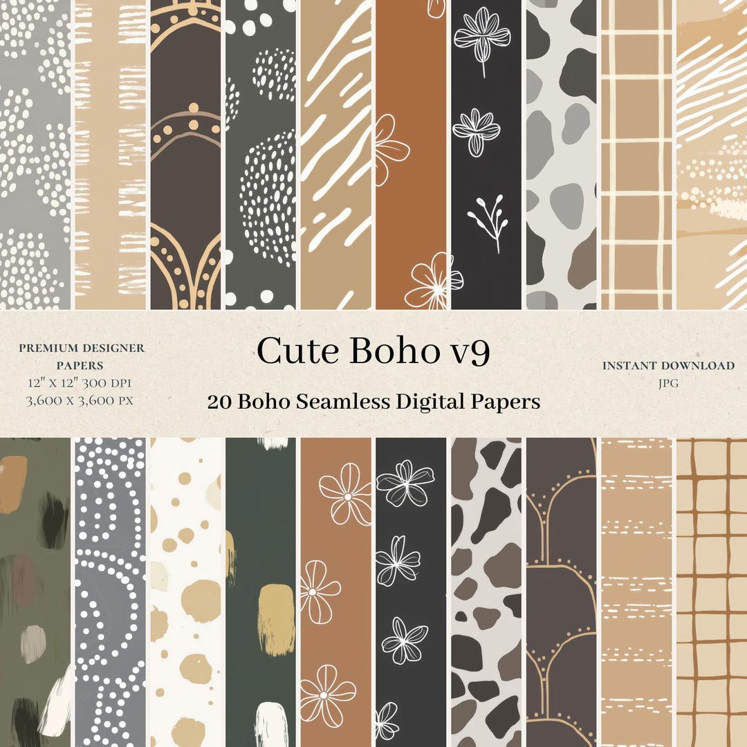20 Cute Boho Digital Papers - Commercial Use, Scrapbook Paper, Spring ...