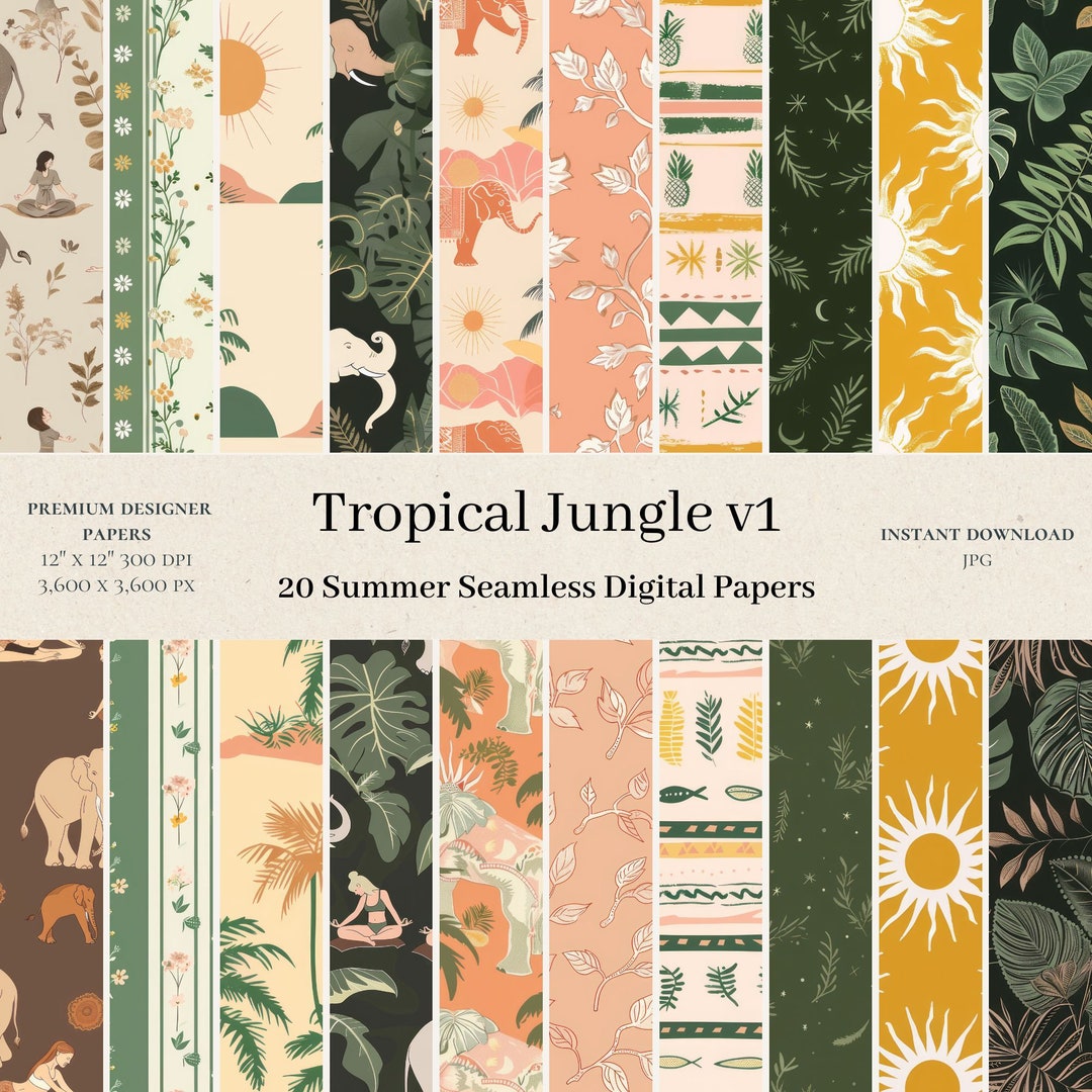 20 Tropical Jungle Digital Papers - Elephant Scrapbook, Botanical Paper ...