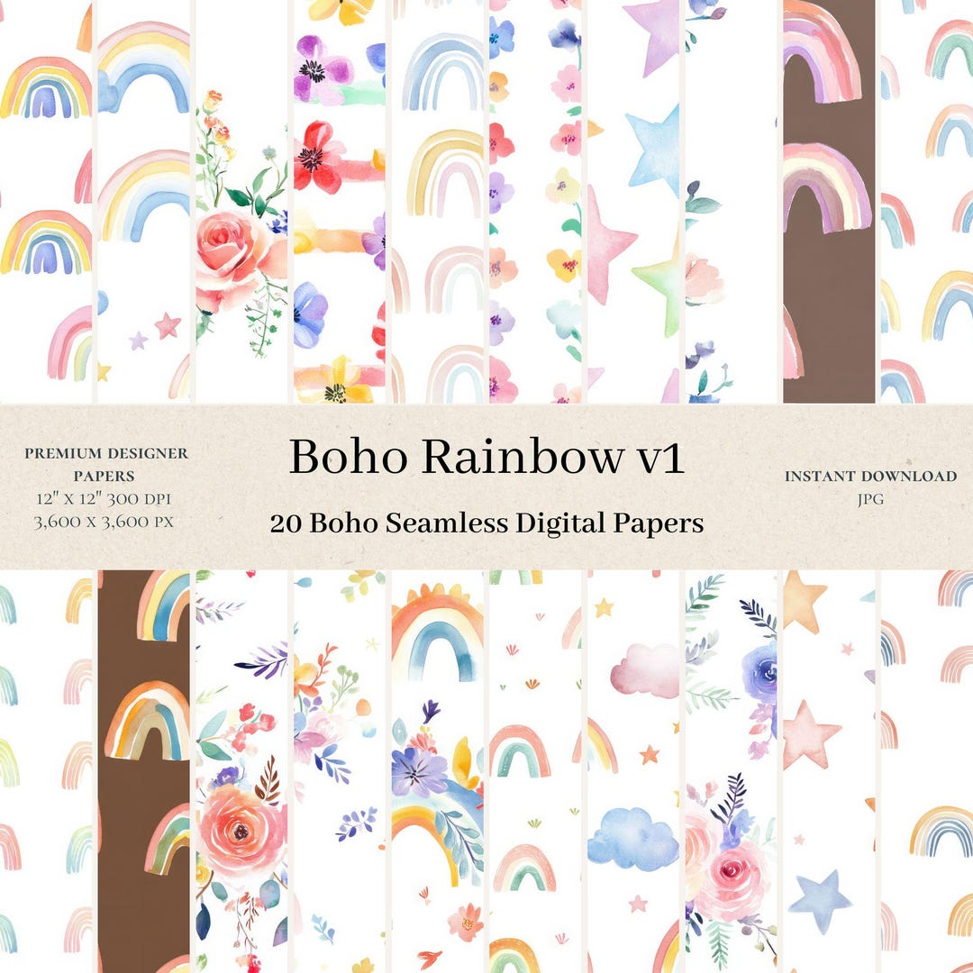 20 Boho Rainbow Digital Papers - Boho Flowers Seamless Pattern, Rainbow ...