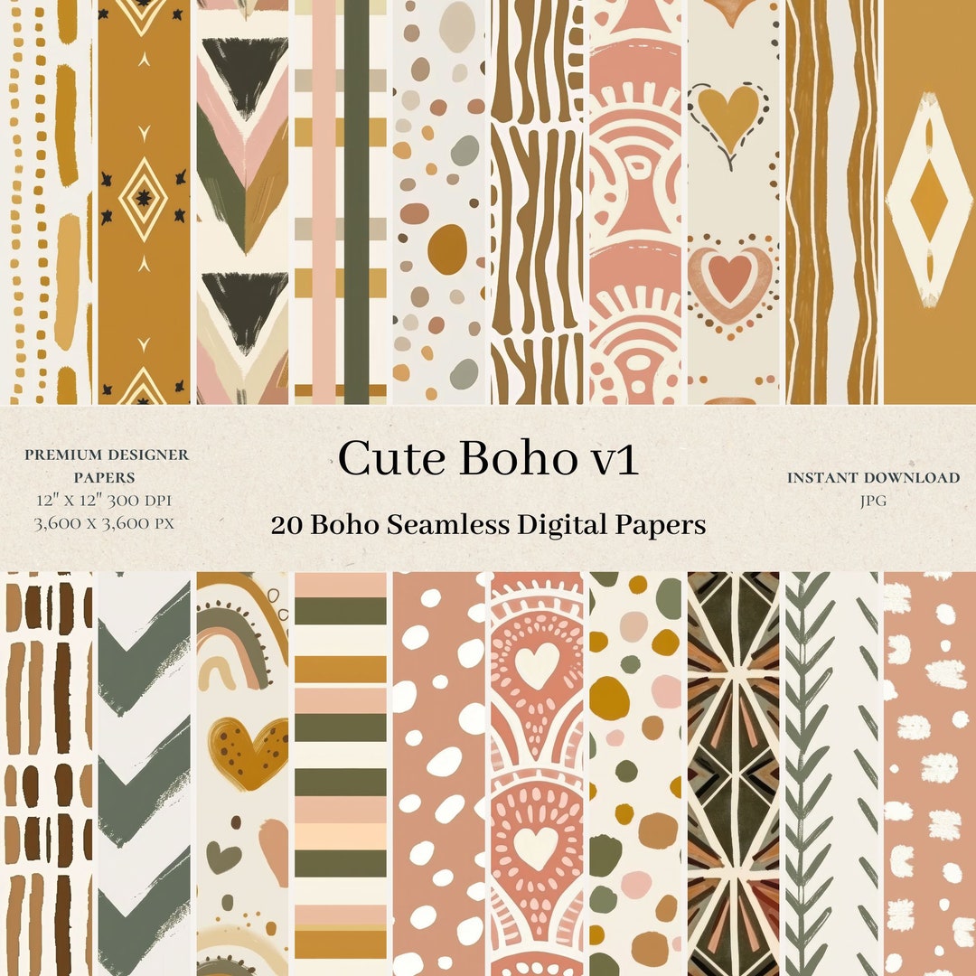 20 Boho Cute Digital Papers - Commercial Use, Scrapbook Paper ...