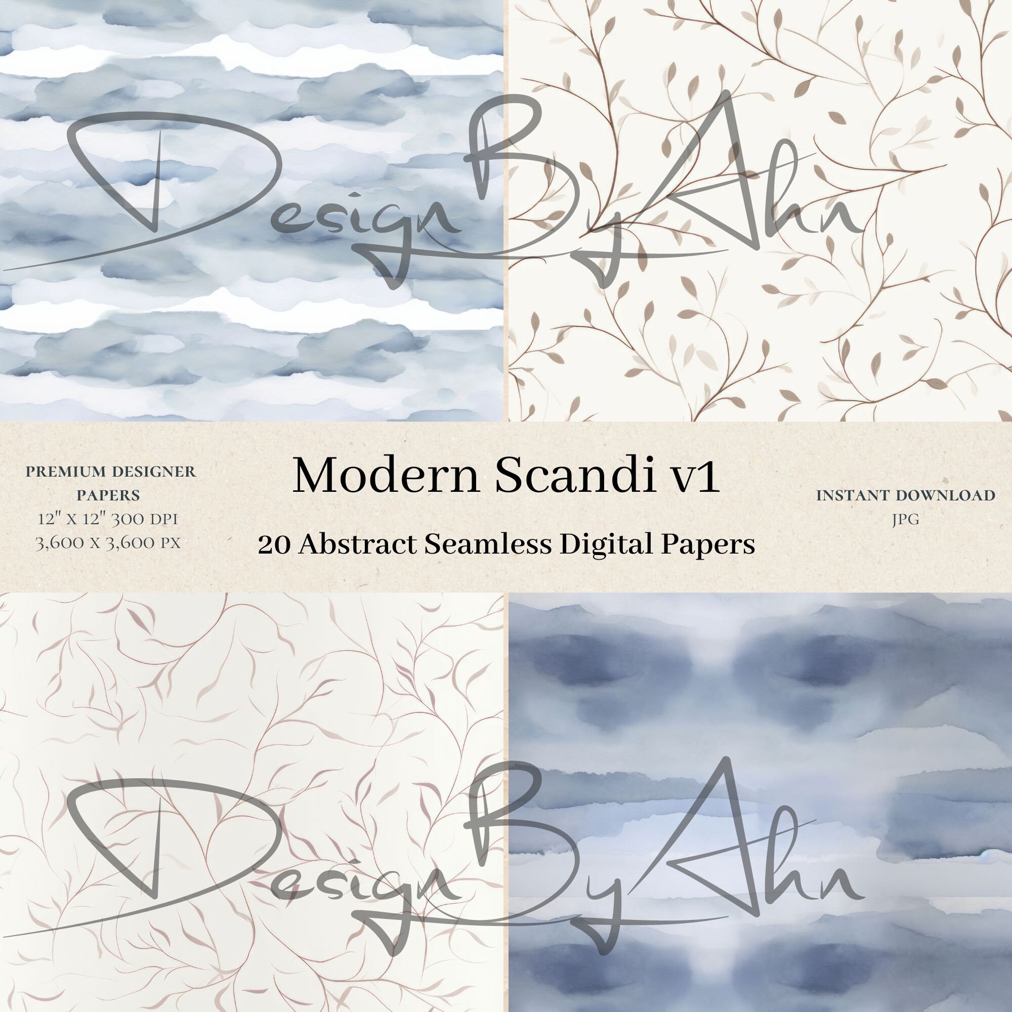 20 Modern Scandi Digital Papers Watercolor Scrapbook, Leaves, Hands ...