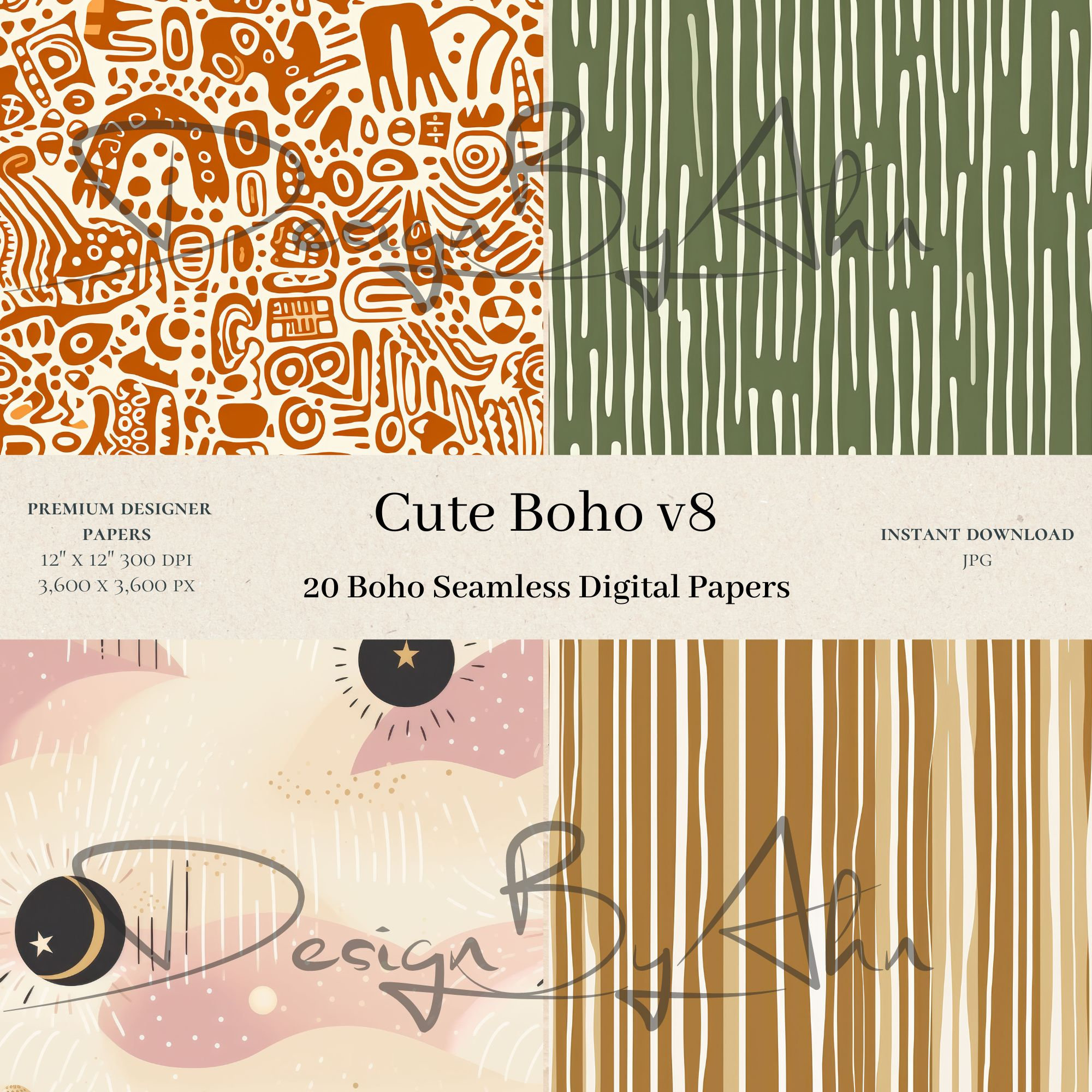 20 Cute Boho Digital Papers Commercial Use, Scrapbook Paper, Spring ...
