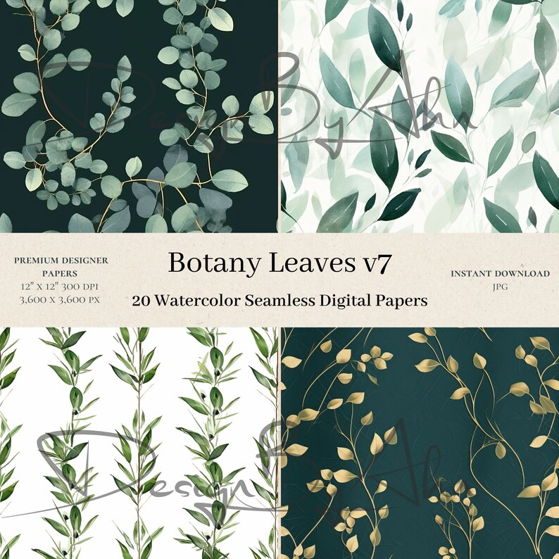 20 Botany Leaves Digital Papers - Eucalyptus Scrapbook, Flower Seamless ...