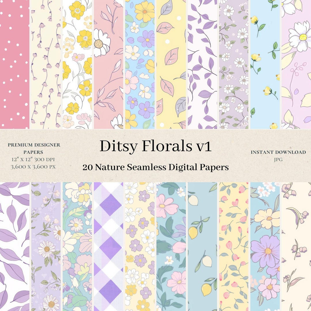 20 Ditsy Florals Digital Papers - Yellow, Blue, Pink Seamless Pattern ...