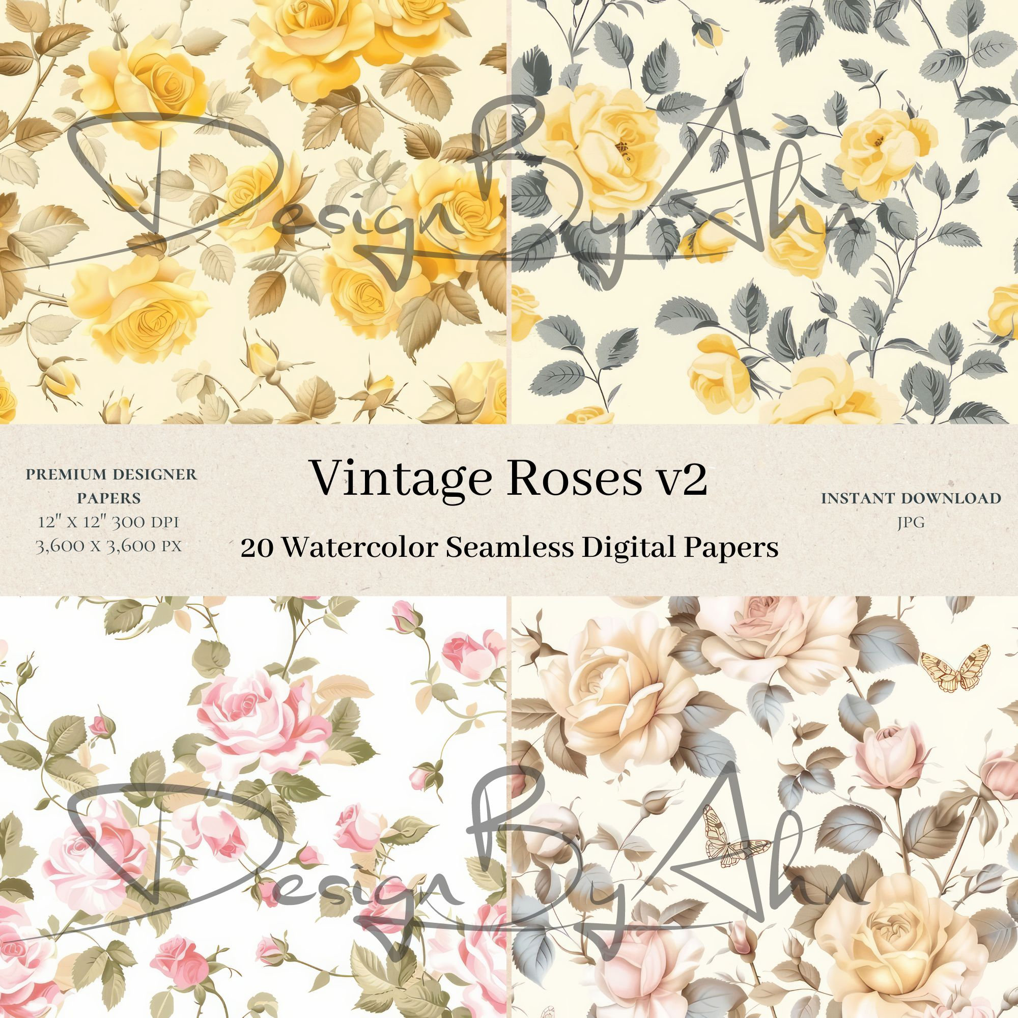 20 Vintage Roses Digital Papers - Flower Scrapbook, Seamless Digital ...
