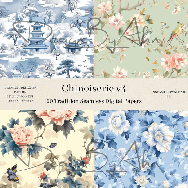 20 Chinoiserie Digital Papers - Flower Scrapbook, Seamless Digital ...