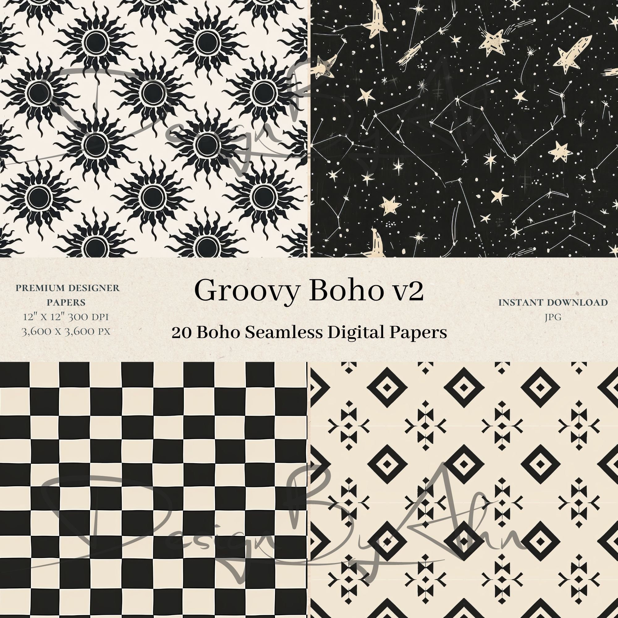 20 Groovy Boho Digital Papers Commercial Use, Seamless Pattern, Black ...