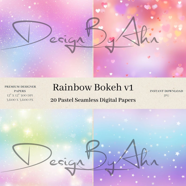 20 Rainbow Bokeh Digital Papers - Pastel Scrapbook, Soft Bokeh Digital ...