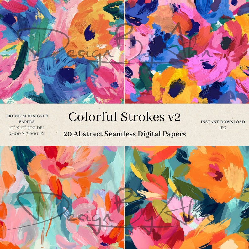 20 Colorful Strokes Digital Papers - Painted Floral Scrapbook, Flower ...