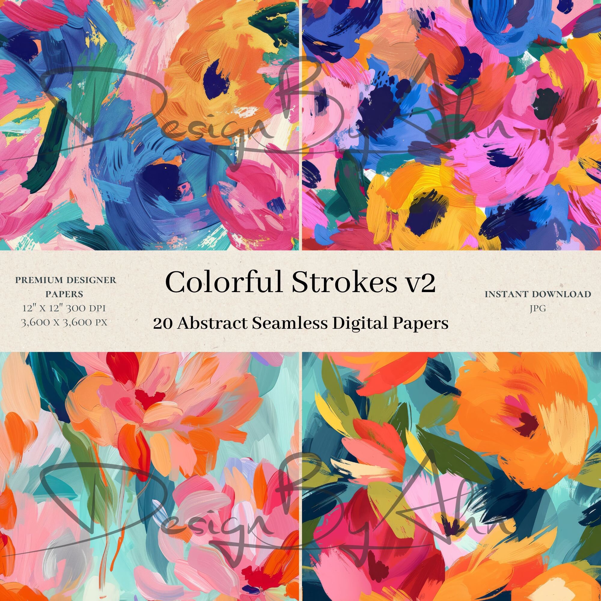 20 Colorful Strokes Digital Papers Painted Floral Scrapbook, Flower ...