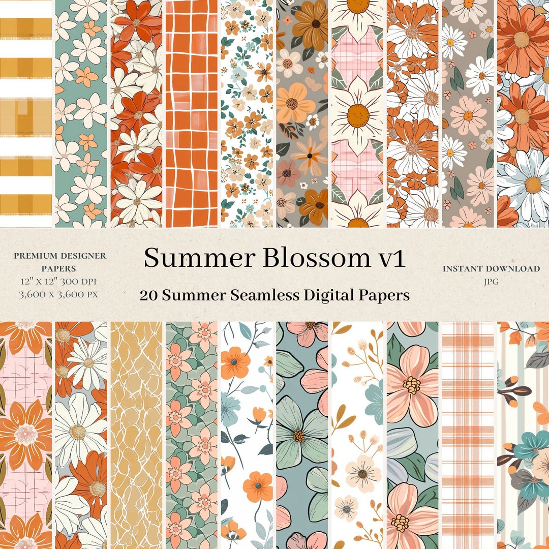 20 Summer Blossom Digital Papers - Floral Scrapbook, Summer Digital ...