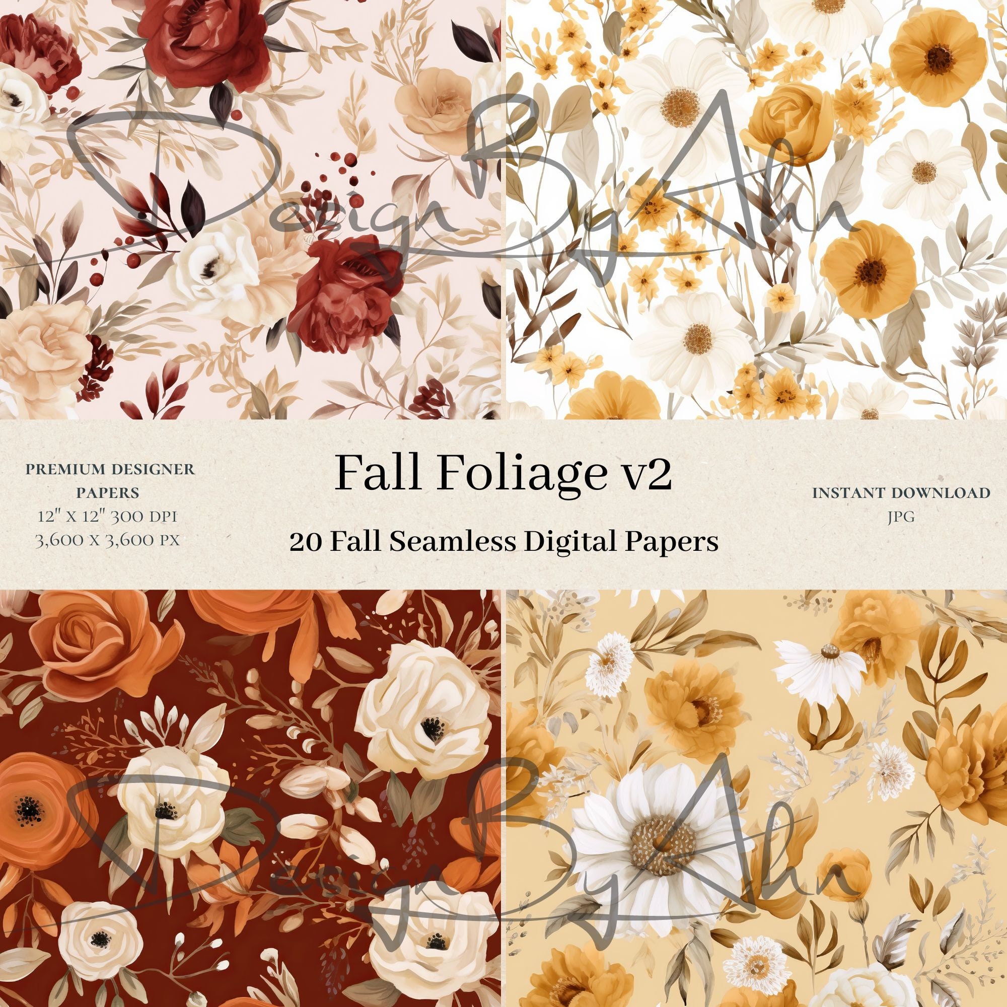 20 Fall Foliage Digital Papers - Watercolor Seamless Pattern, Floral ...