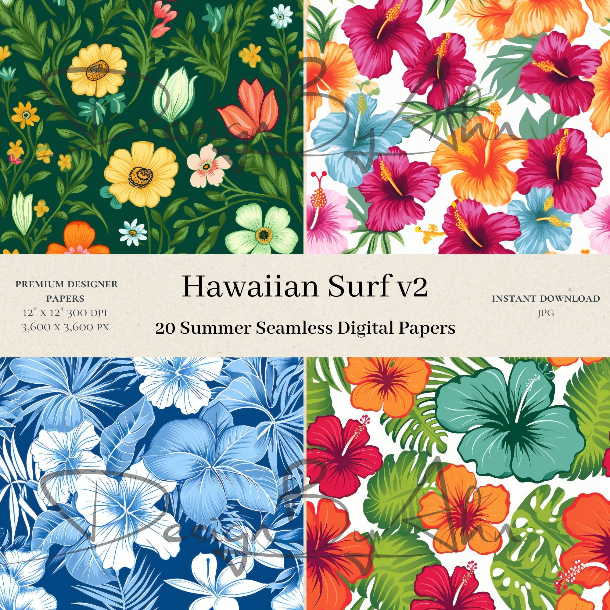 20 Hawaiian Surf Digital Papers - JPG, Tropical Seamless Pattern, Surf ...