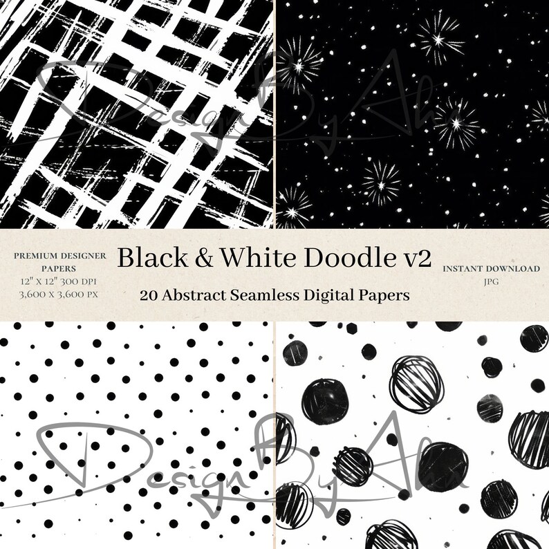 20 Black & White Doodle Digital Papers Doodle Scrapbook, Hand Drawn ...